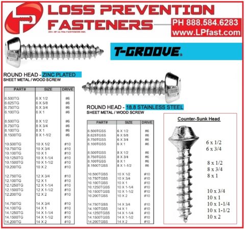 T-Groove Tapping Screws - Loss Prevention Fasteners